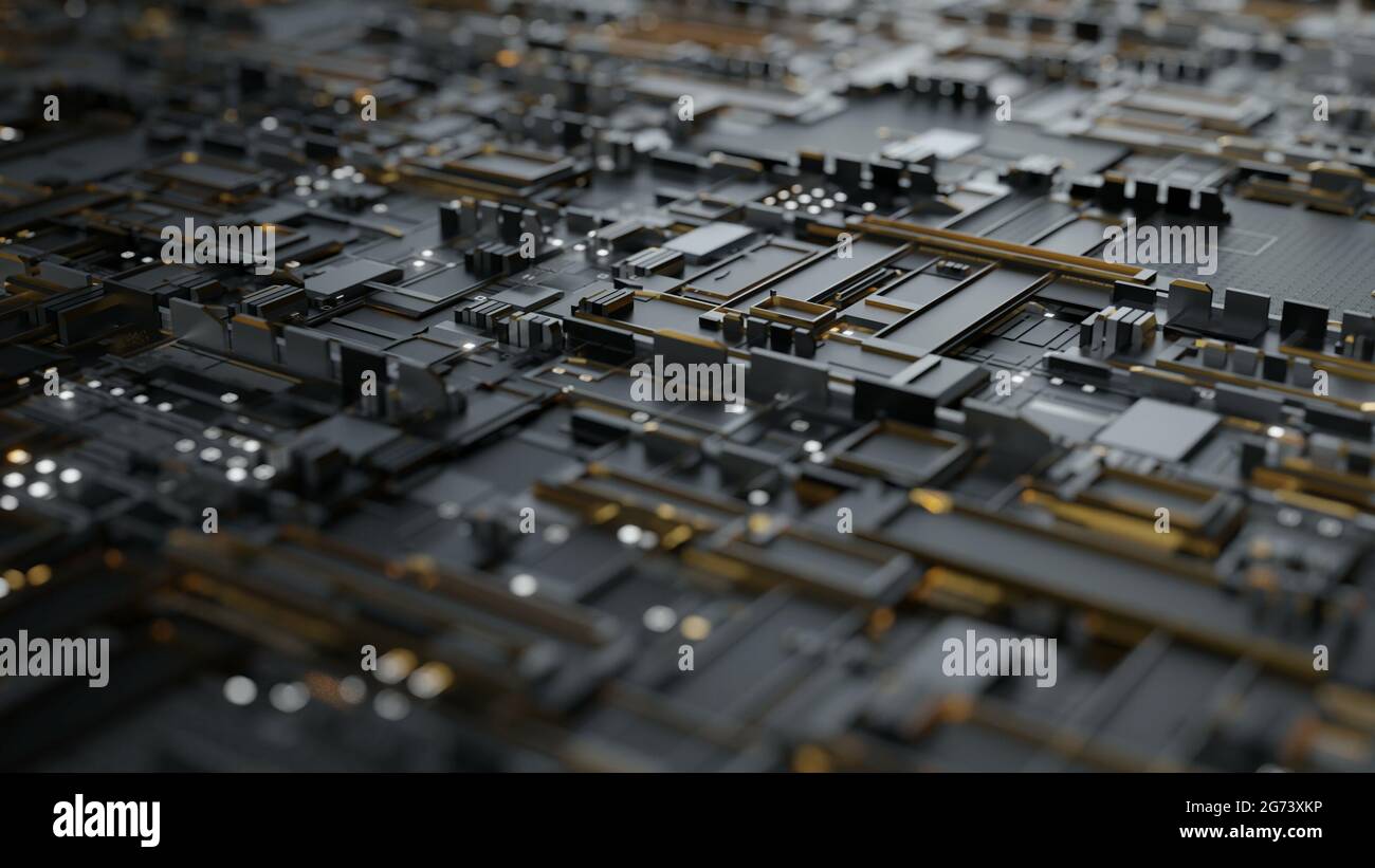 A 3D rendering close up of a motherboard with different types of ...