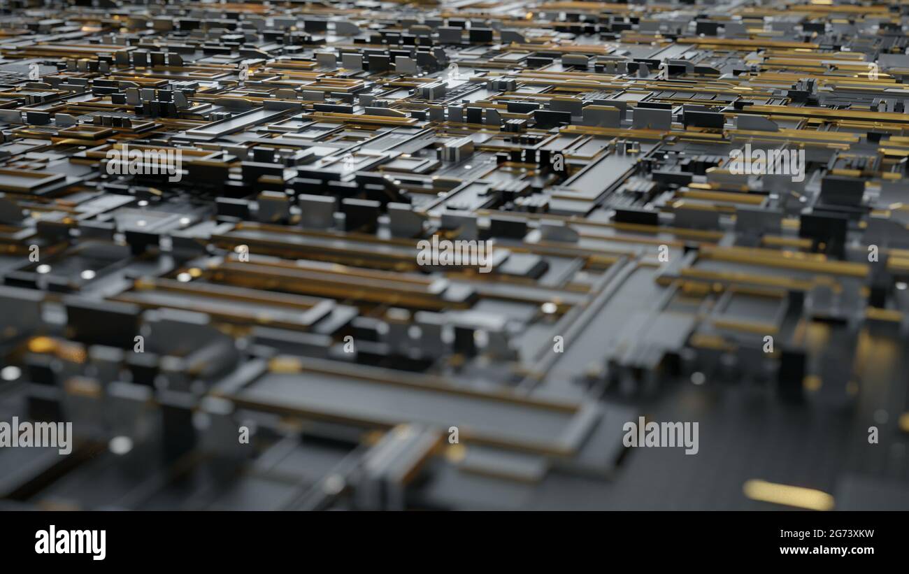 A 3D rendering close up of a motherboard with different types of ...