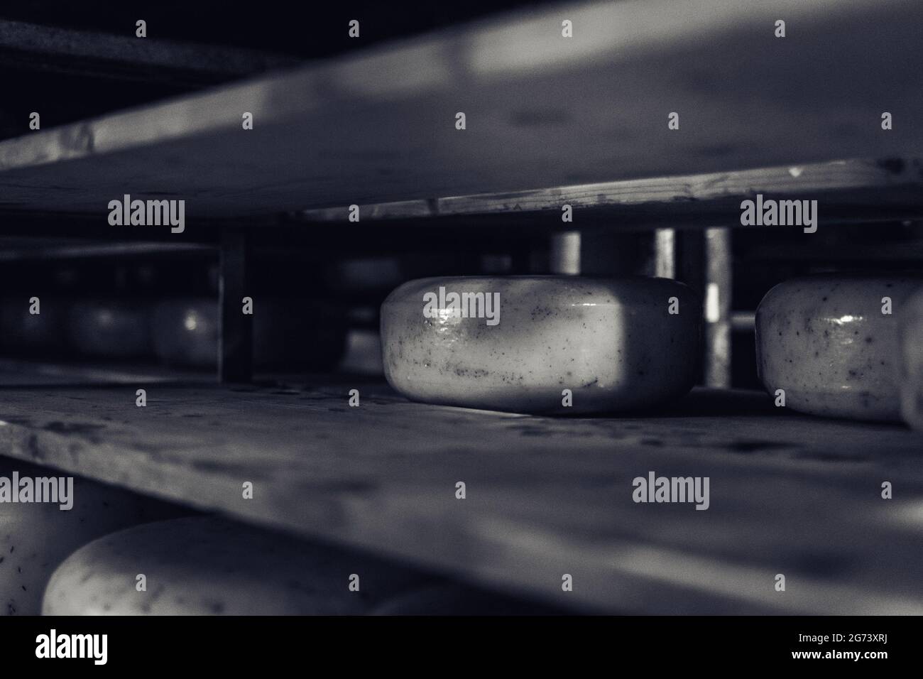 A greyscale closeup view of a huge heavy circular weight on the metal ...