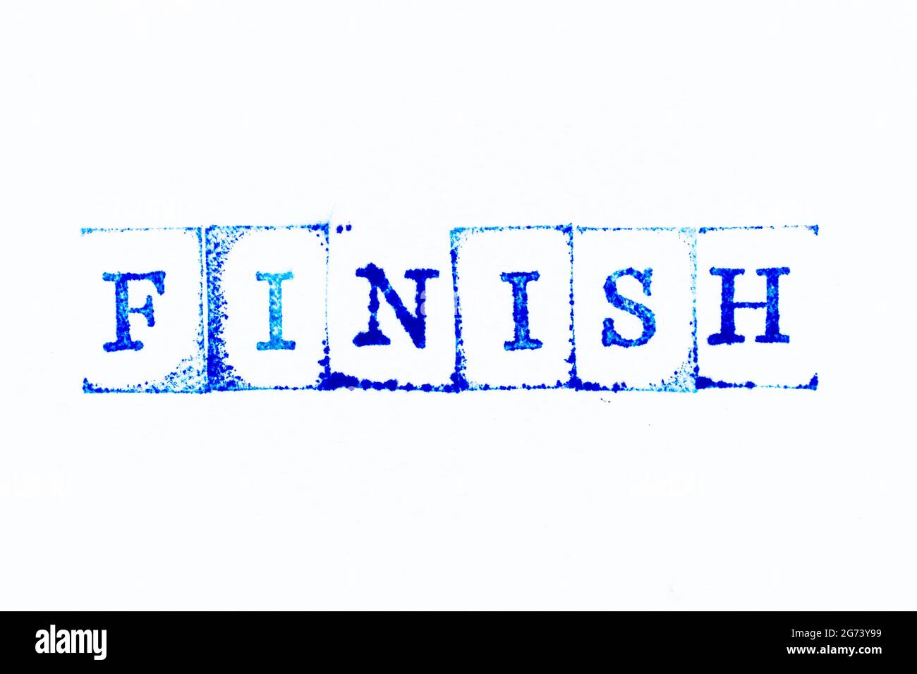 Blue color ink rubber stamp in word finish on white paper background ...