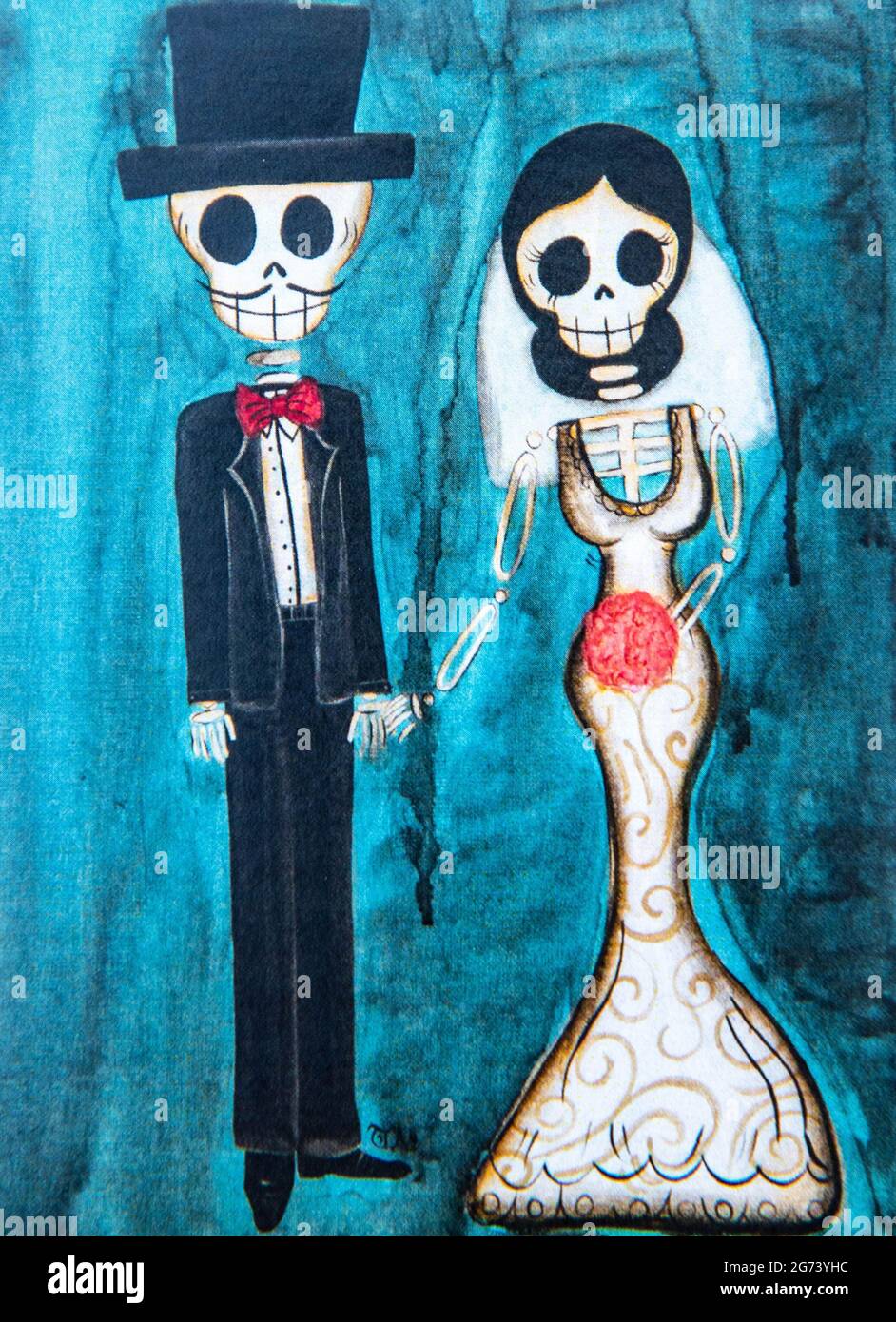 Day of the Dead image; photographic illustration; a couple of skeletons ...