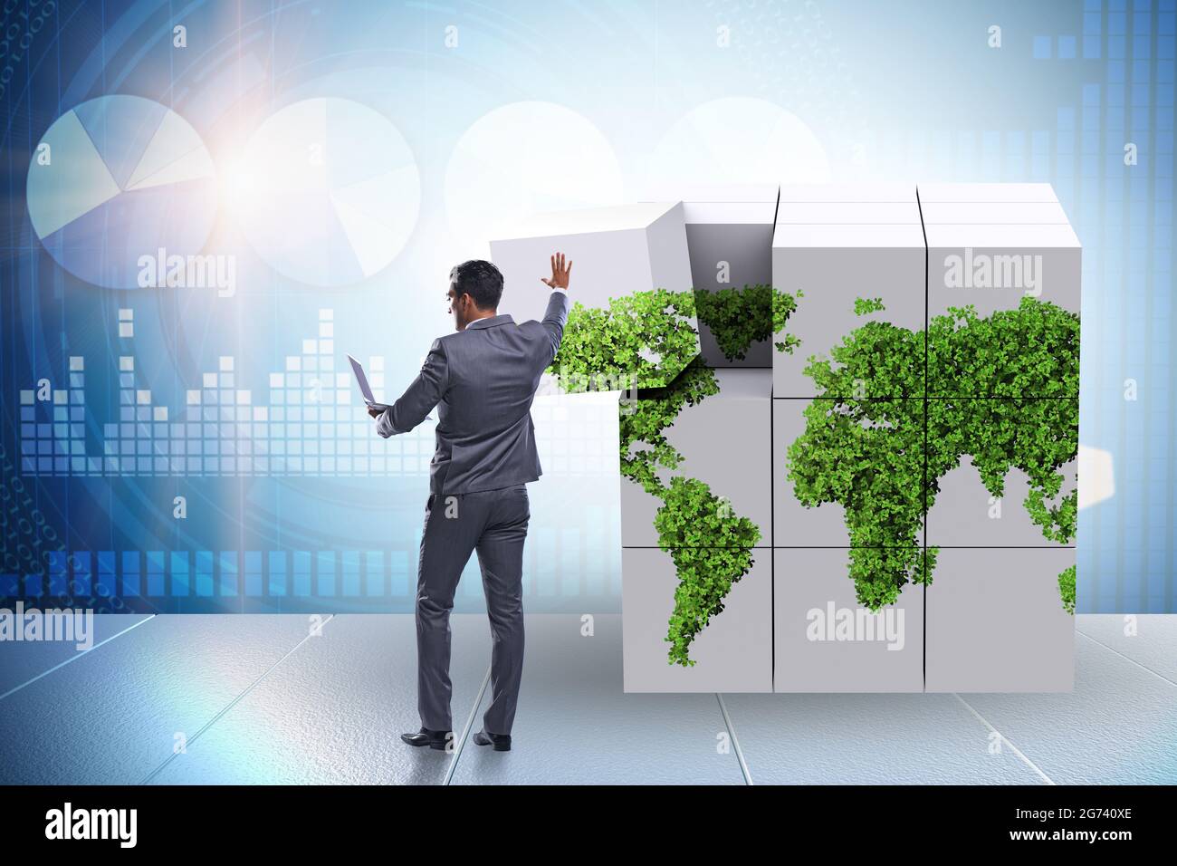 Businessman building world map from the cubes Stock Photo - Alamy