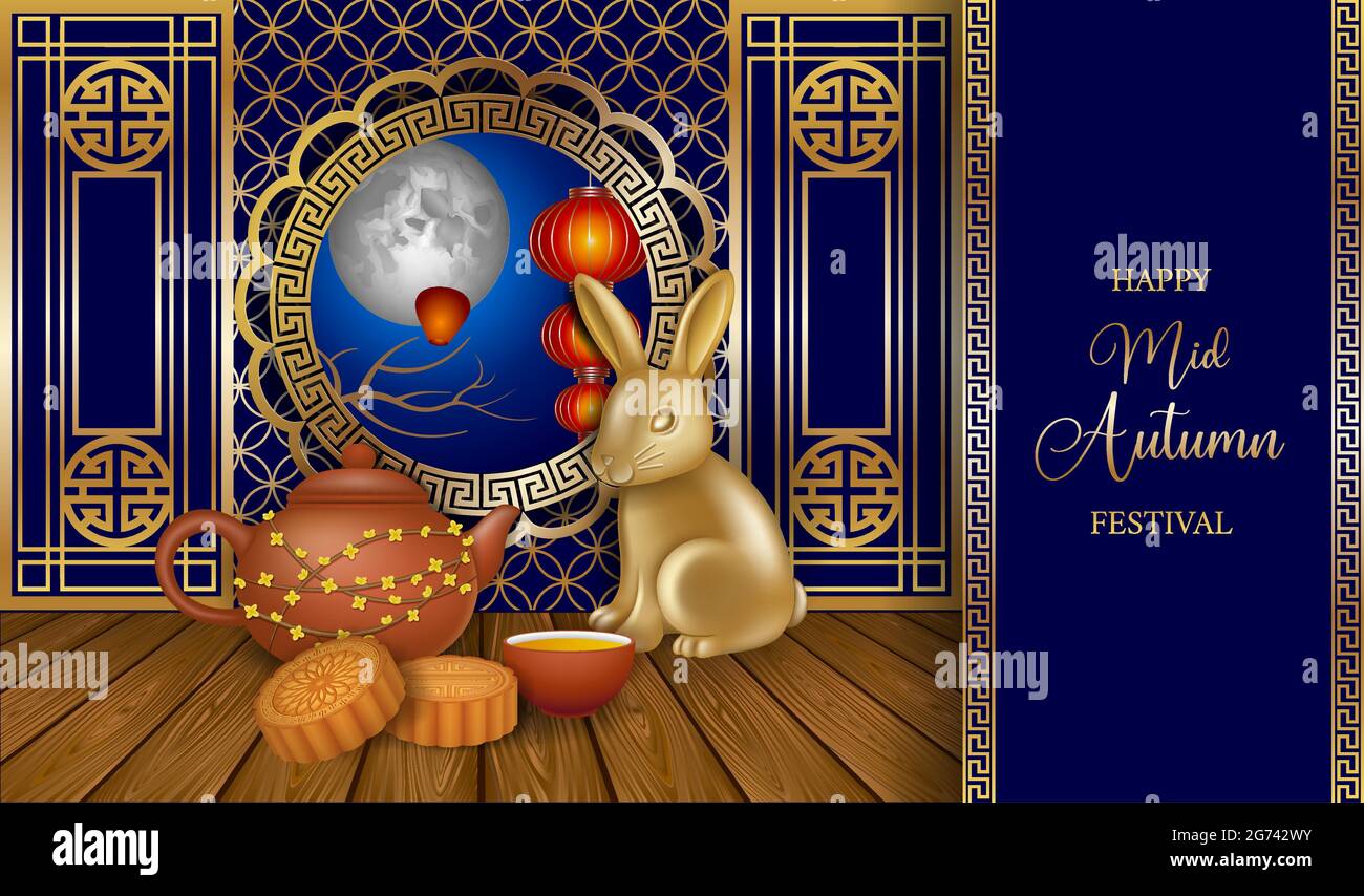 chinese mid autumn festival background with teapot, moon cakes, gold ...