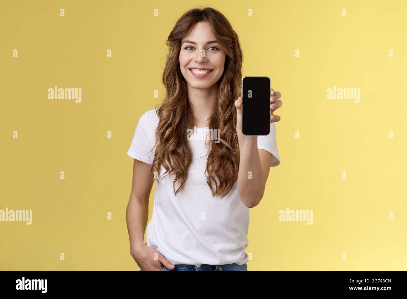 This App All You Need Cheerful Friendly Outgoing Stylish Girl Showing