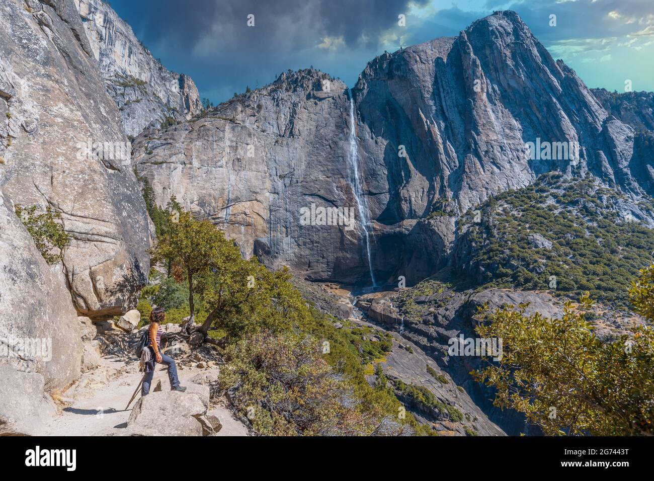 the upper Yosemite Fall and the waterfall seen from below in California ...