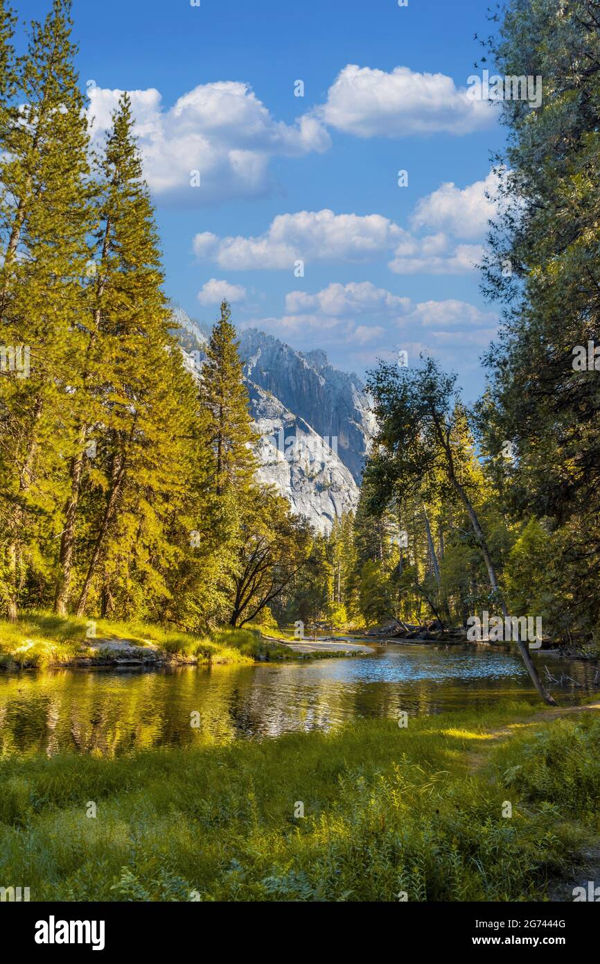 a beautiful view of Yosemite valley with a stream in California United ...