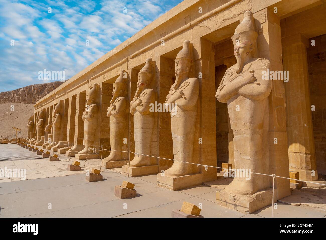 the Sculptures of pharaohs at the entrance of Funerary Temple of ...