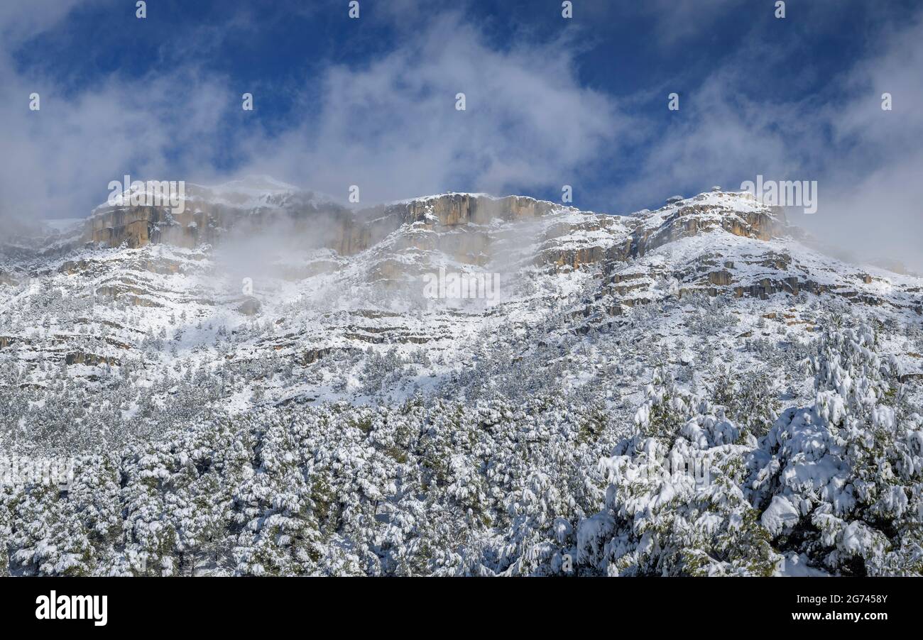 Cliffs and forests of the Serra del Montsant mountain range after a ...