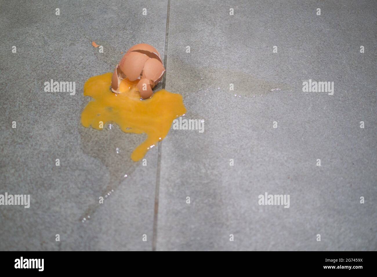 Smashed egg on grey tile floor with cracked and broken shell, egg yolk ...