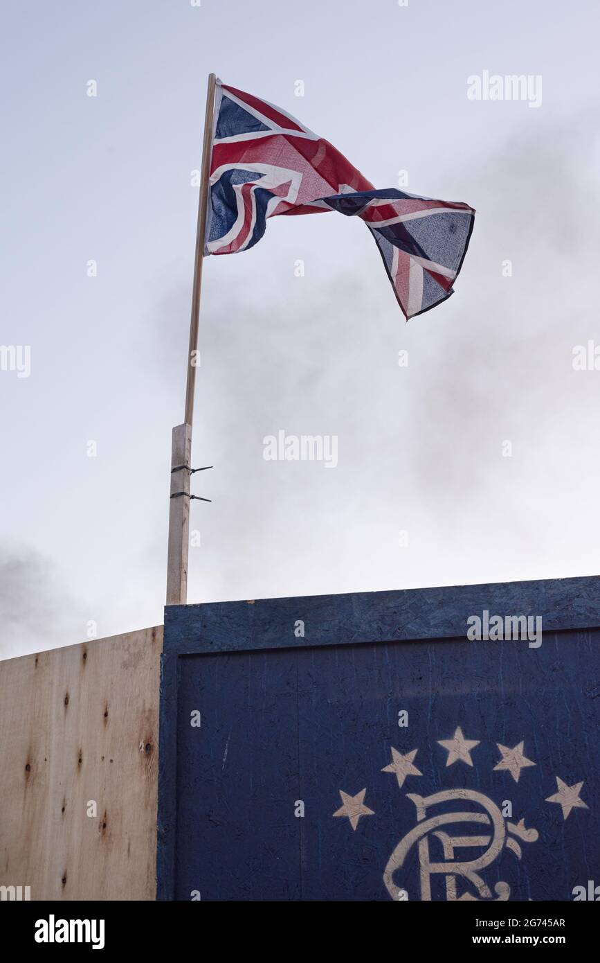 Belfast, UK. 10th July, 2021. A union Jack flag seen affixed to the top ...