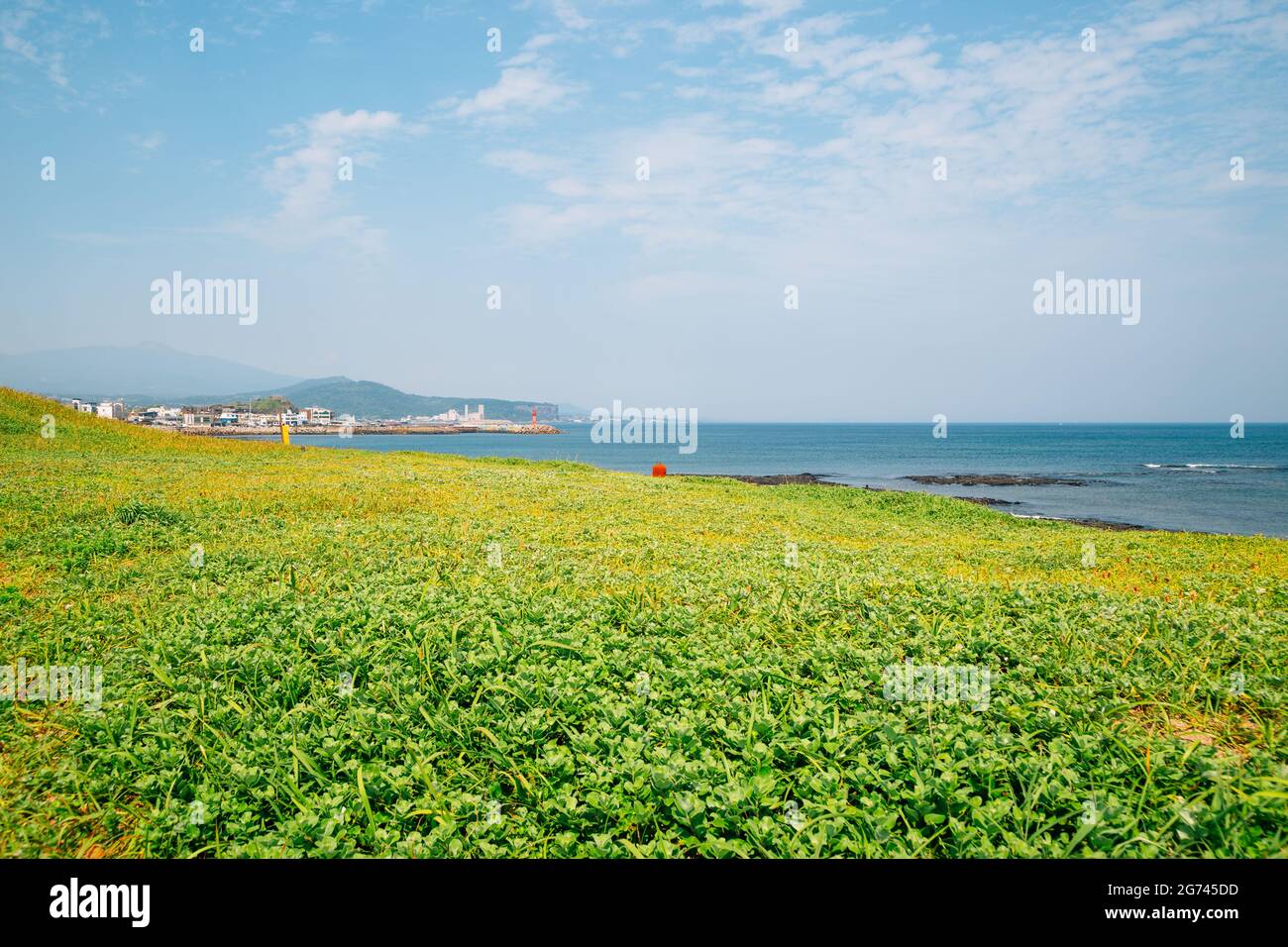 Sagye Beach and green field, Jeju Olle Trail in Jeju Island, Korea ...
