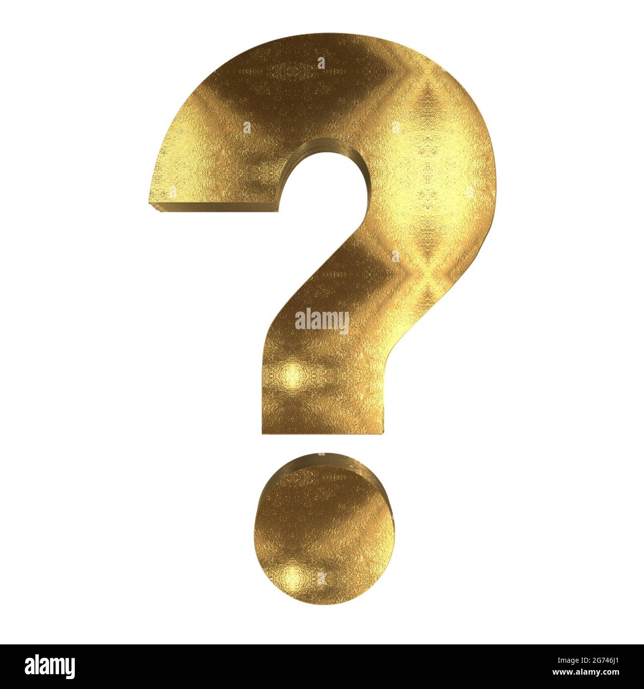 A 3D rendering of a golden metal question mark isolated on a white ...