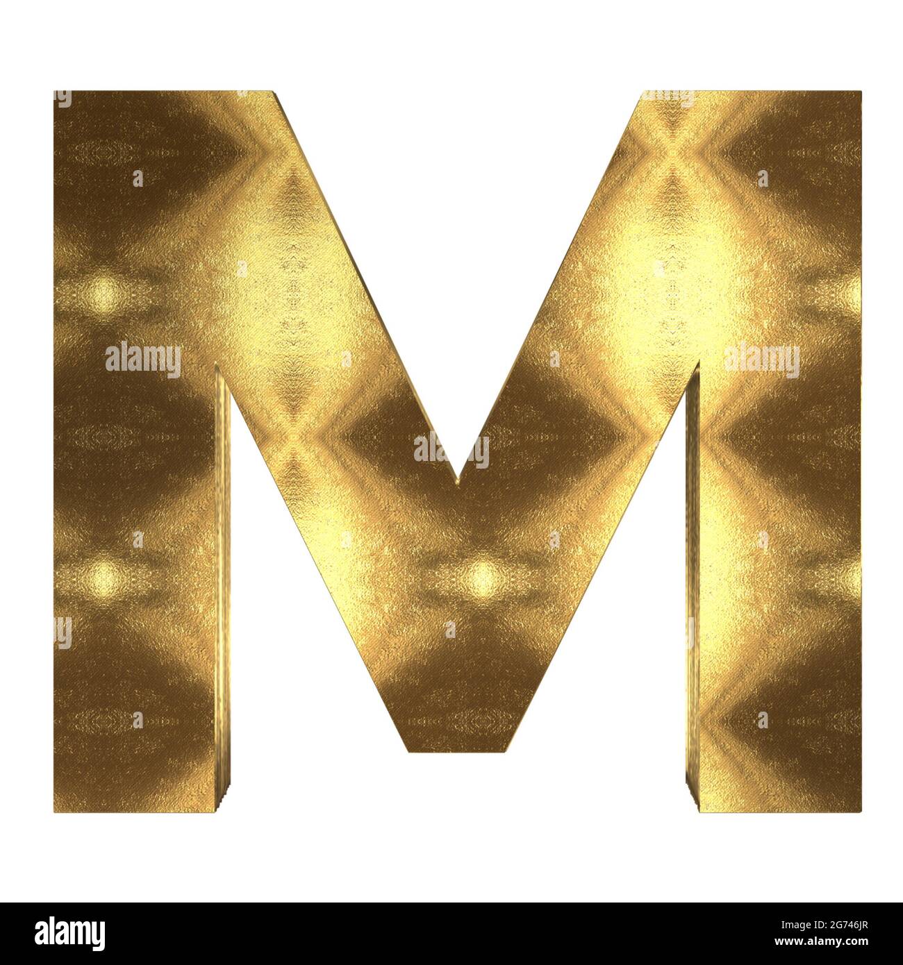 A 3D rendering of a golden metal alphabet letter M isolated on a white ...