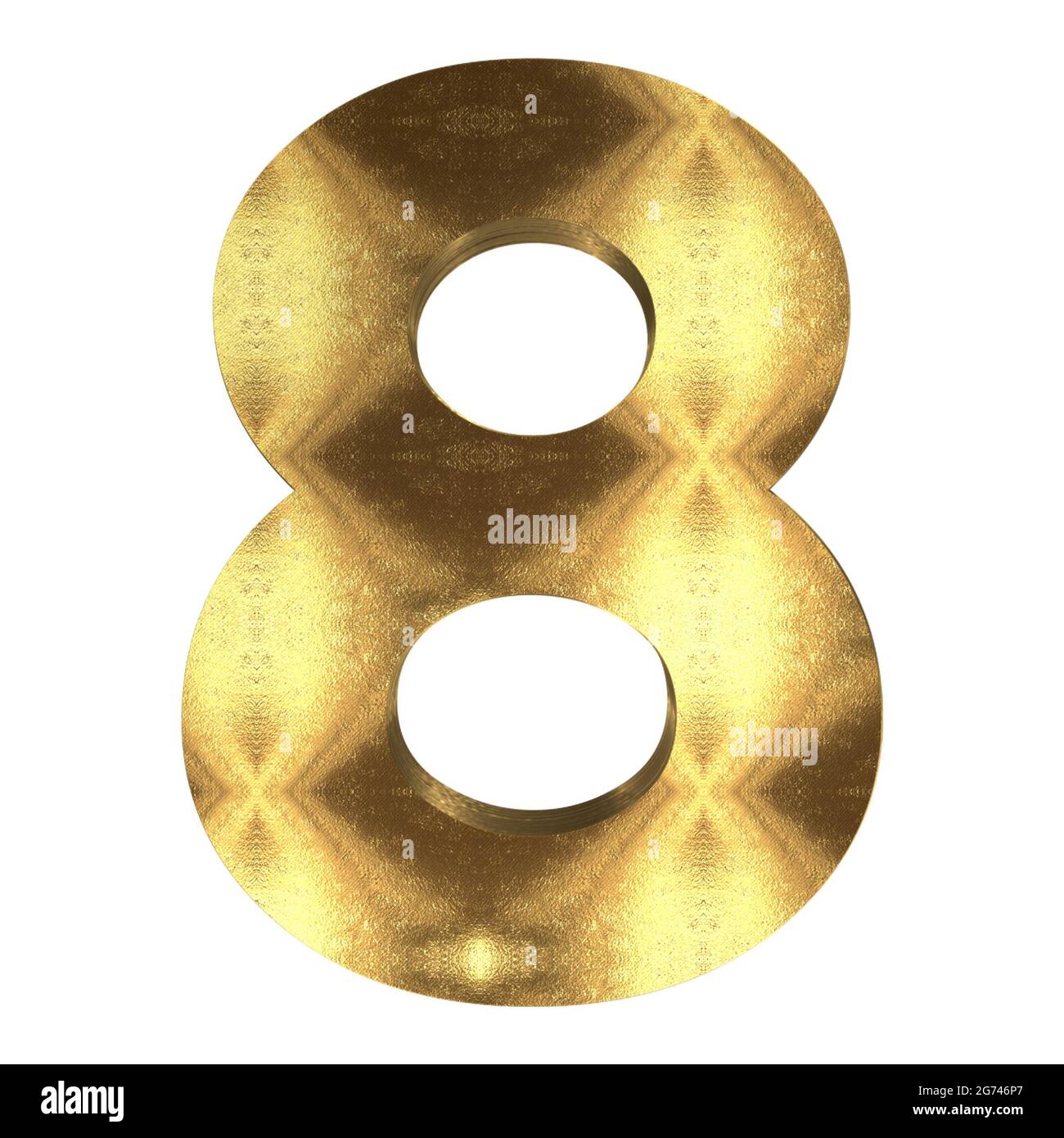 A 3D rendering of a golden metal number eight symbol isolated on a ...
