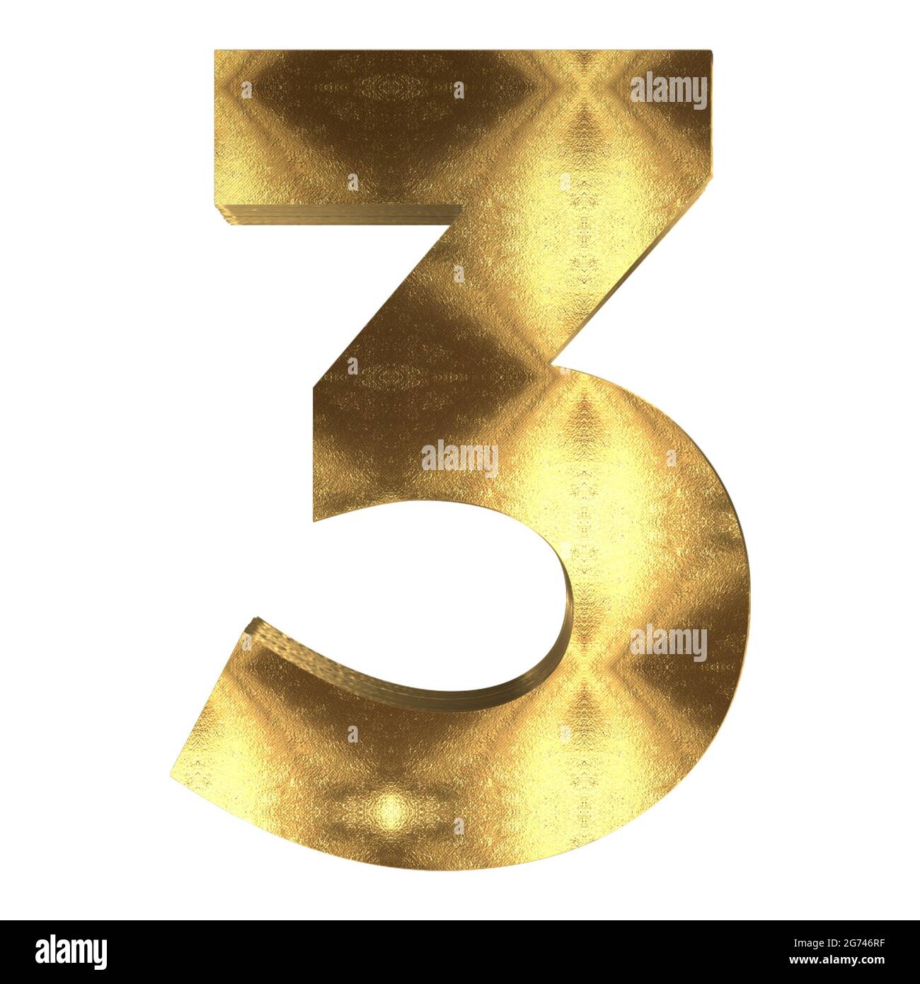 A 3D rendering of a golden metal number three symbol isolated on a ...