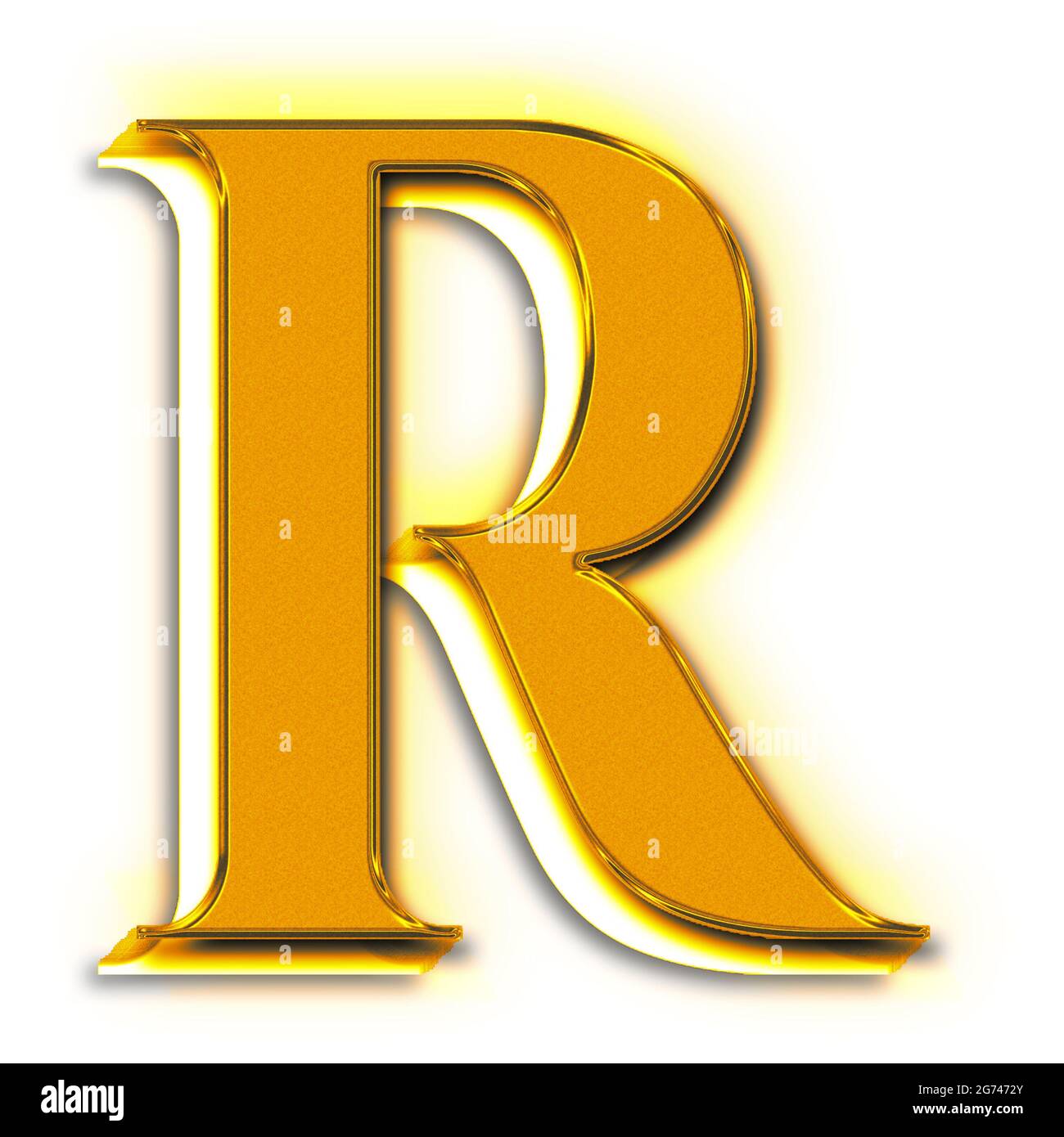 A 3D rendering of a golden alphabet letter R isolated on a white ...