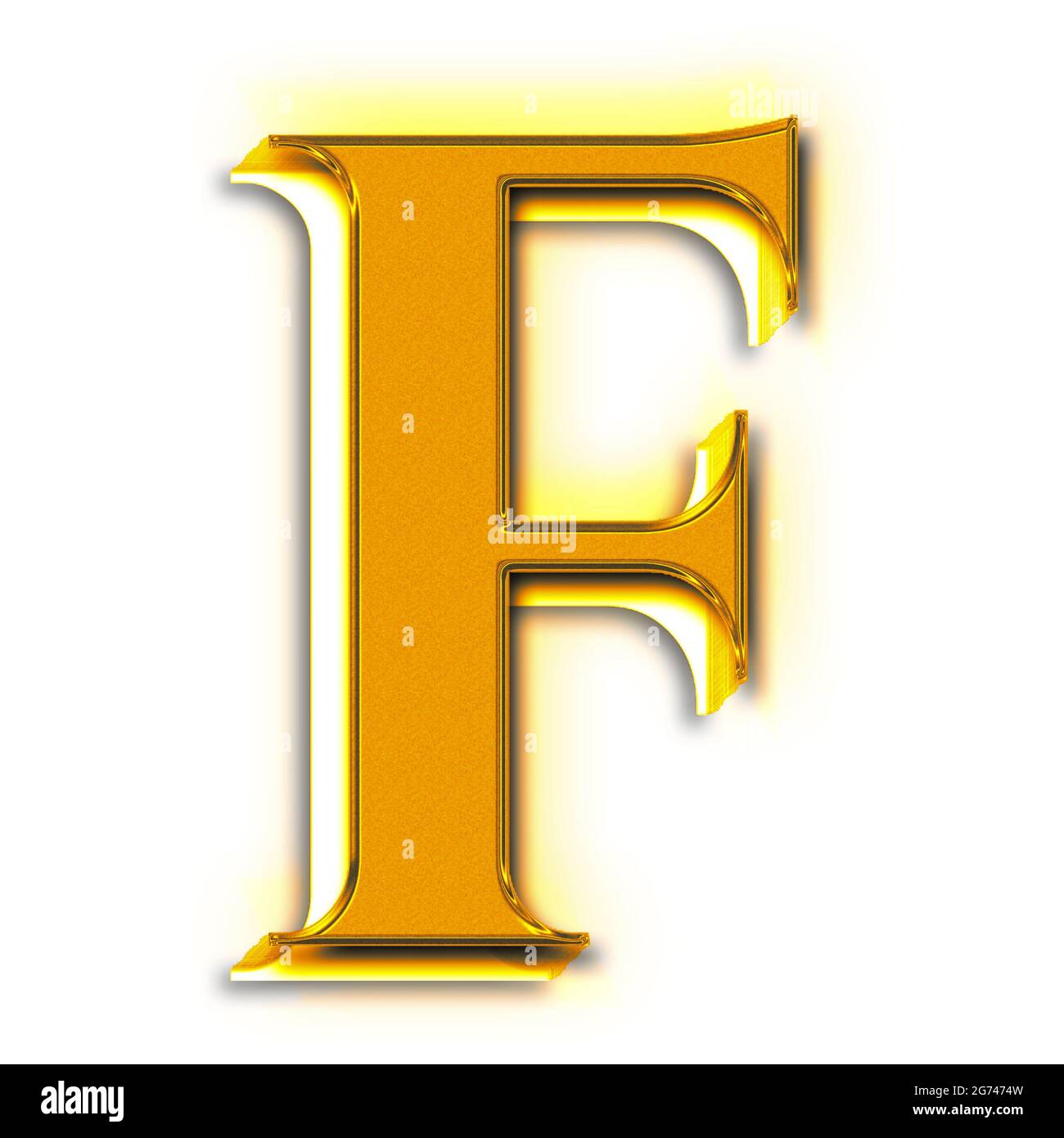 A 3D rendering of a golden alphabet letter F isolated on a white ...