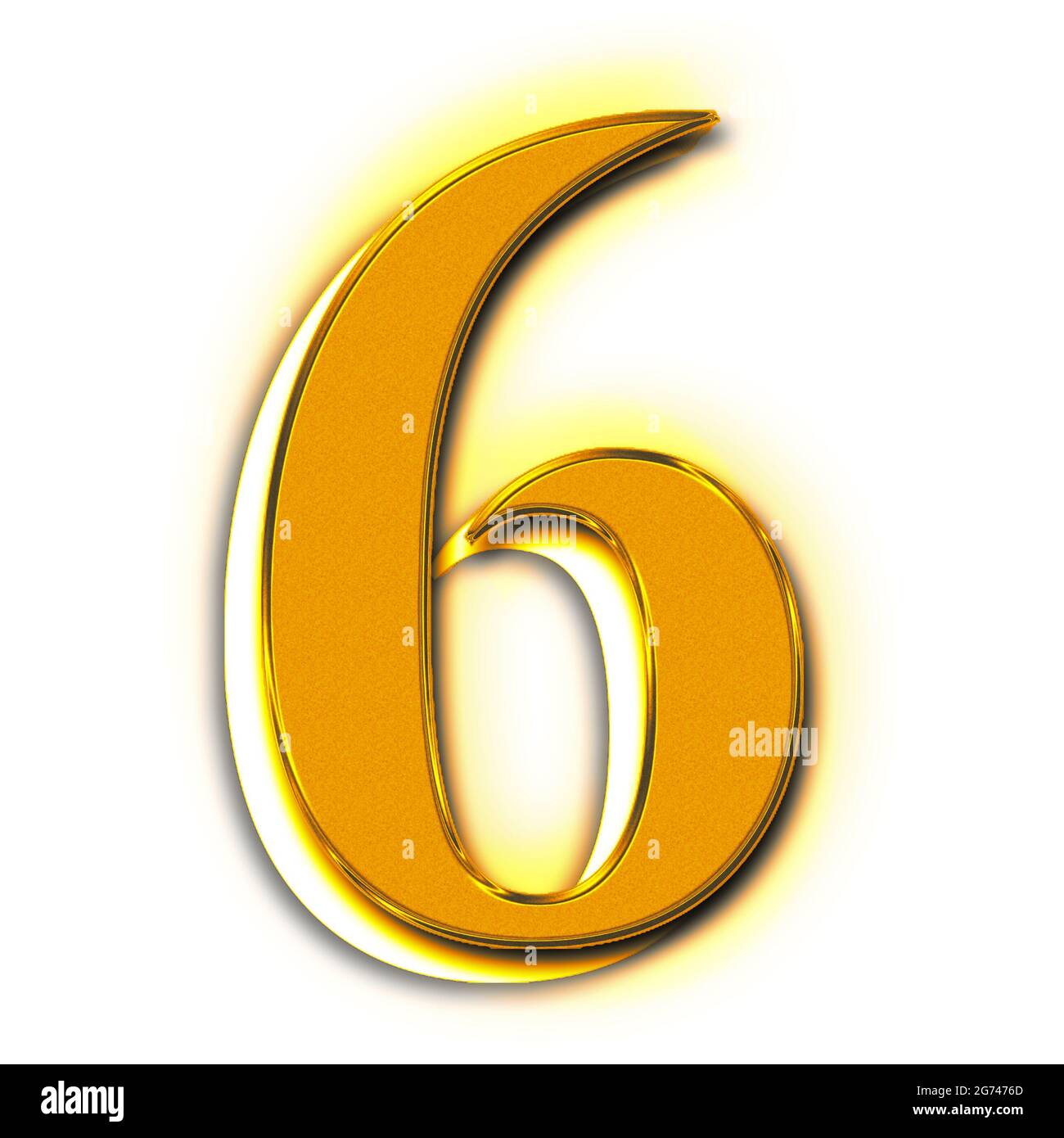 A 3D rendering of a golden number six symbol isolated on a white ...