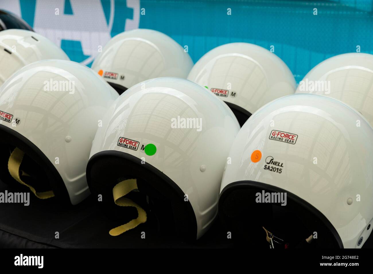 New York, NY - July 10, 2021: Helmets provided for VIP guests to try ...