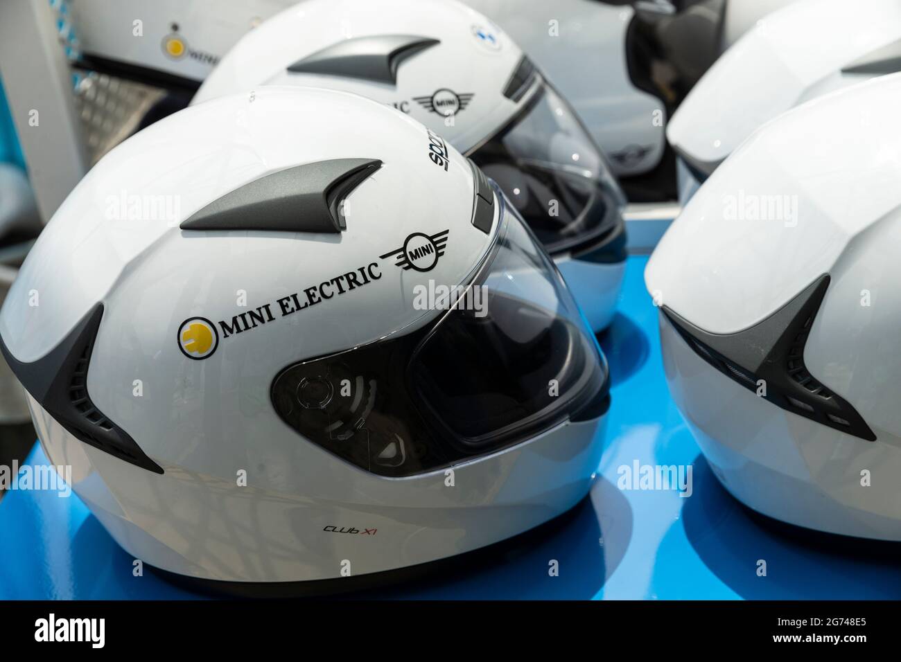 New York, NY - July 10, 2021: Helmets provided for VIP guests to try ...