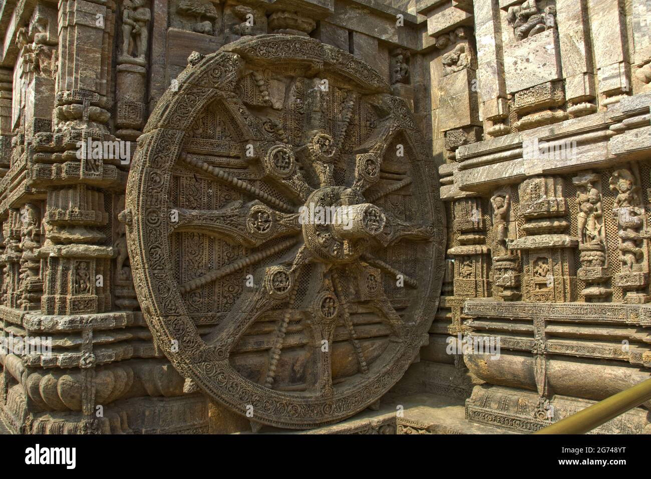 The detail of a stone wheel of the chariot at Sun Temple, Konark ...