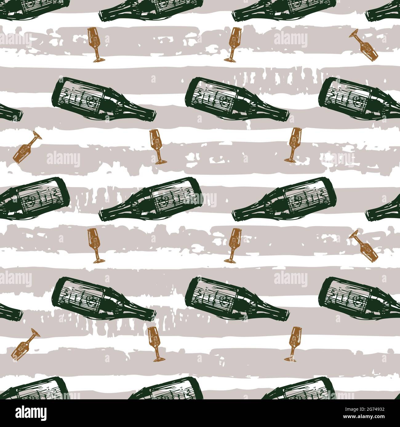 Vector white champagne bottle and small wine glass sketch seamless ...