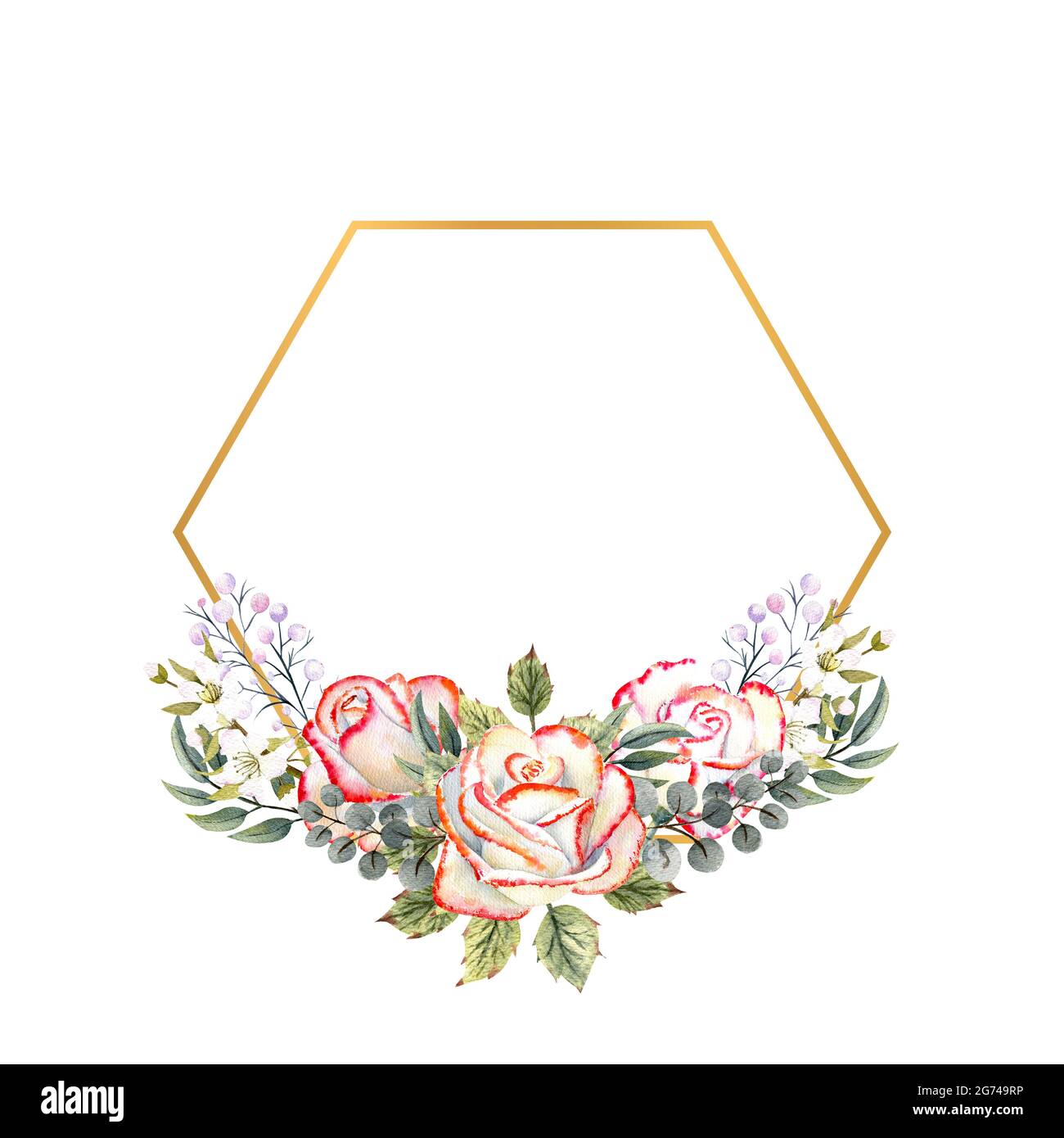 Golden geometric frame with a bouquet of white roses with leaves ...