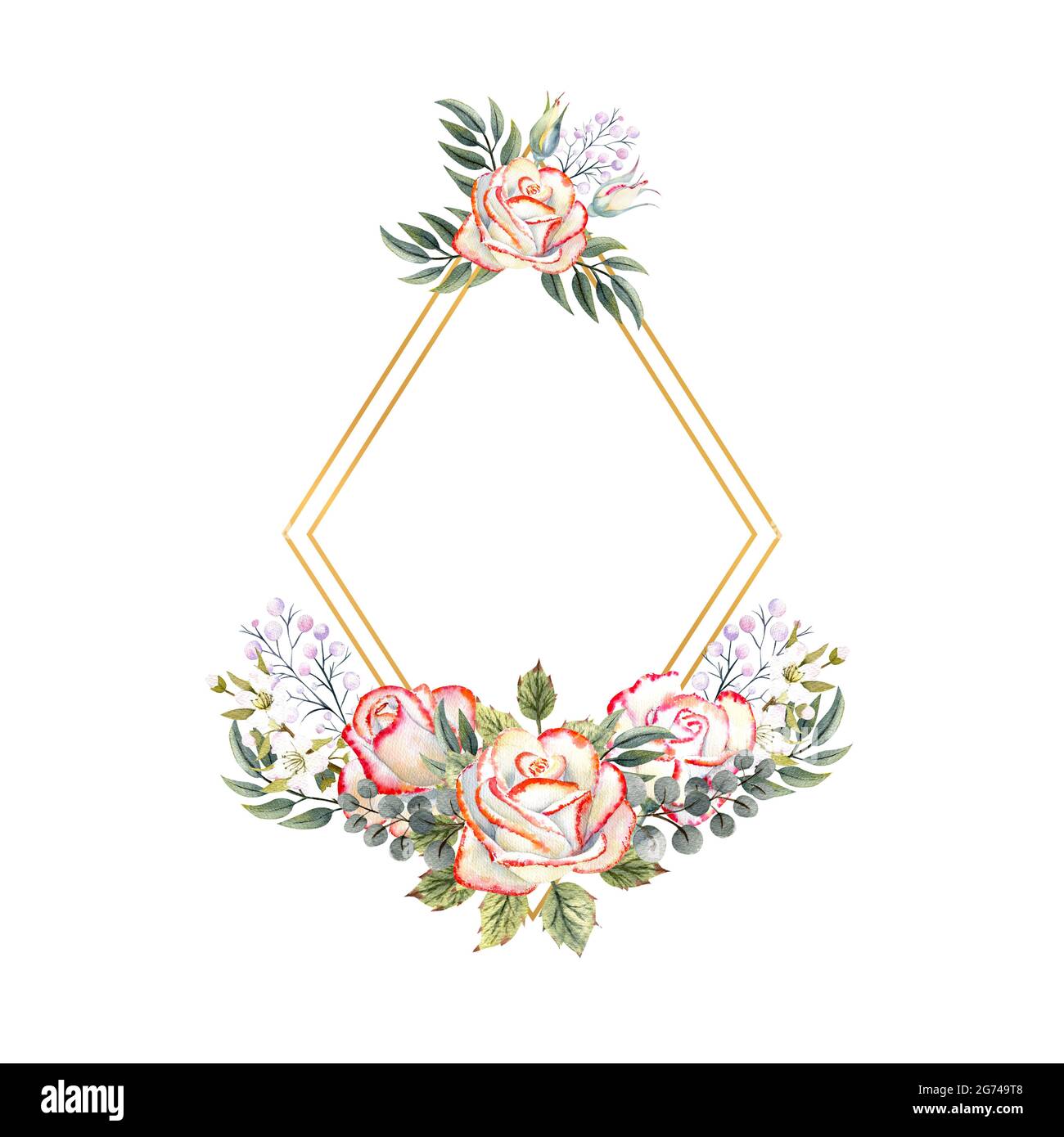 Golden geometric frame with a bouquet of white roses with leaves ...