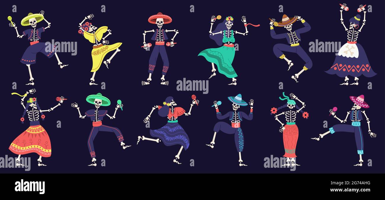 Dia de los muertos skeletons. Day of dead dancing skeletons party ...