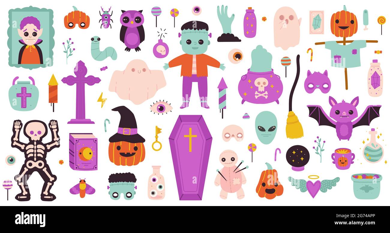 Spooky halloween symbols. Happy Halloween ghost, pumpkin, potion and ...