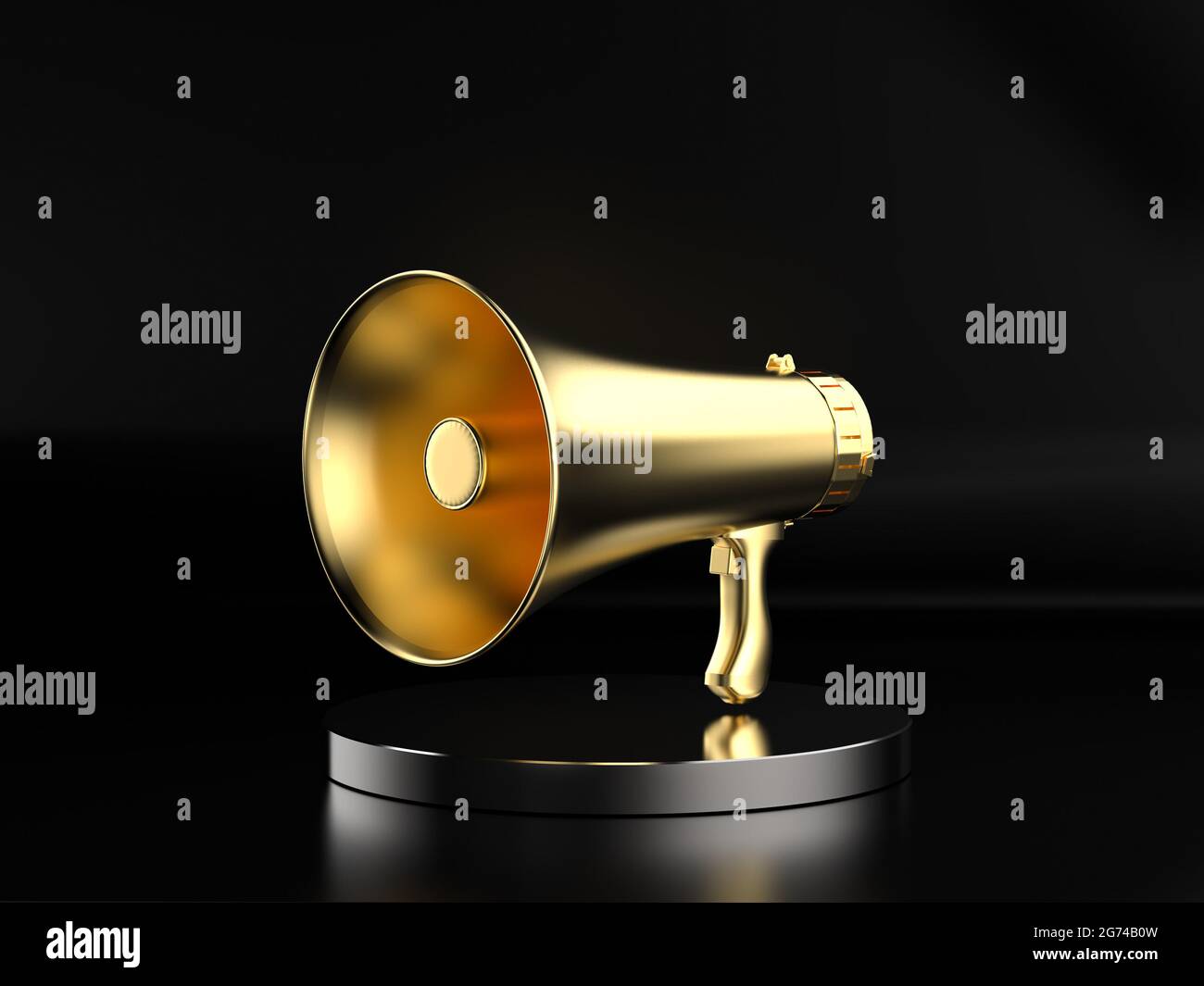 3d rendering golden megaphone on stage with black background Stock ...