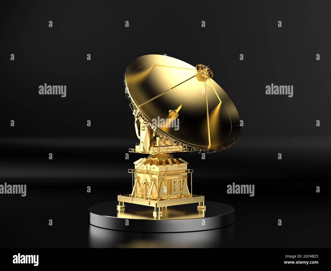 3d rendering golden satellite dish on stage with black background Stock ...