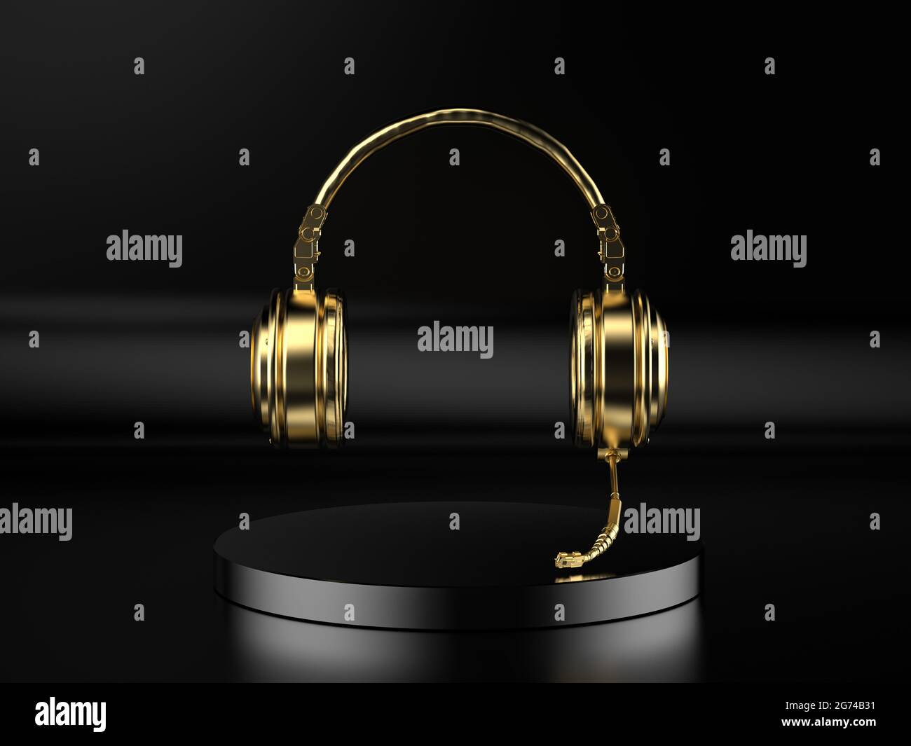 3d rendering golden headset or headphones with microphone on black ...