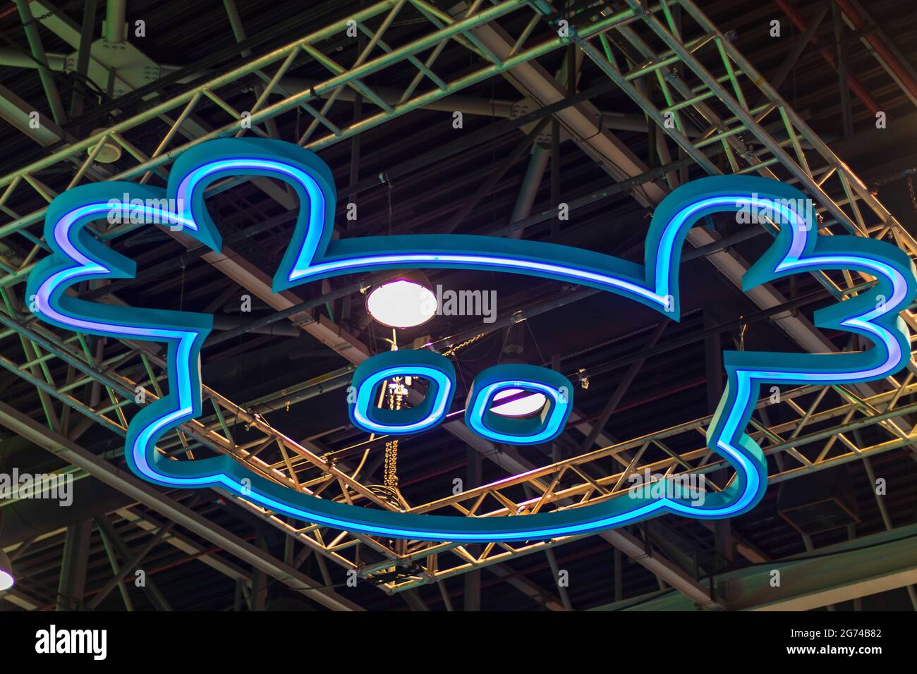 Dubai, UAE - 10.10.2021 Neon logo installation at Modesh world venue in ...