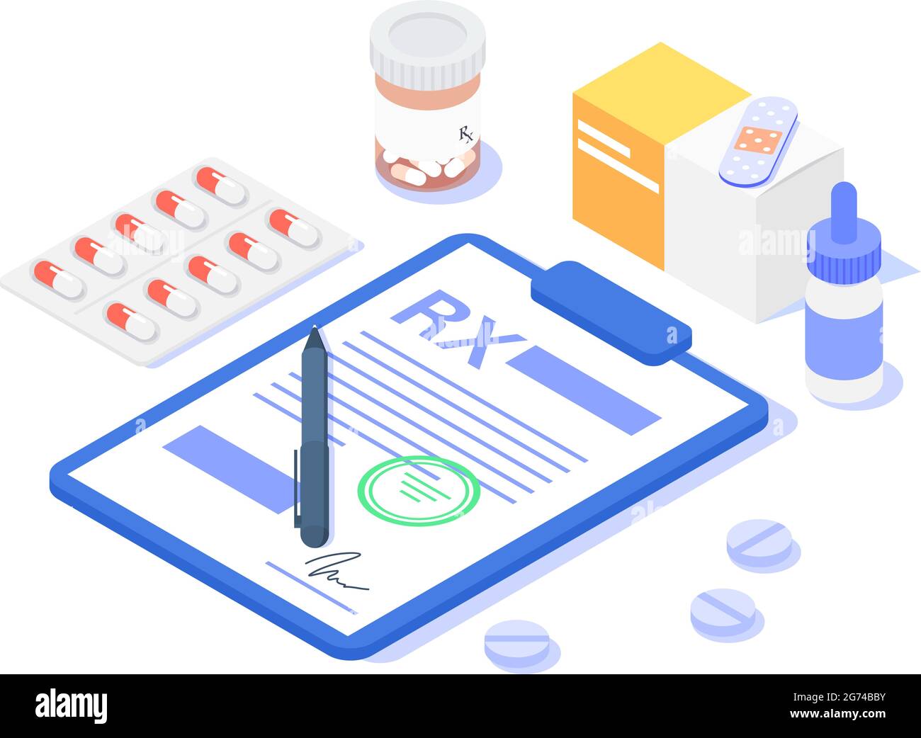 Rx medical prescription with medicines. Vector isometric illustration ...
