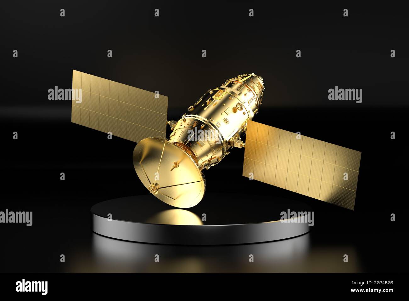 3d rendering golden satellite dish on stage with black background Stock ...