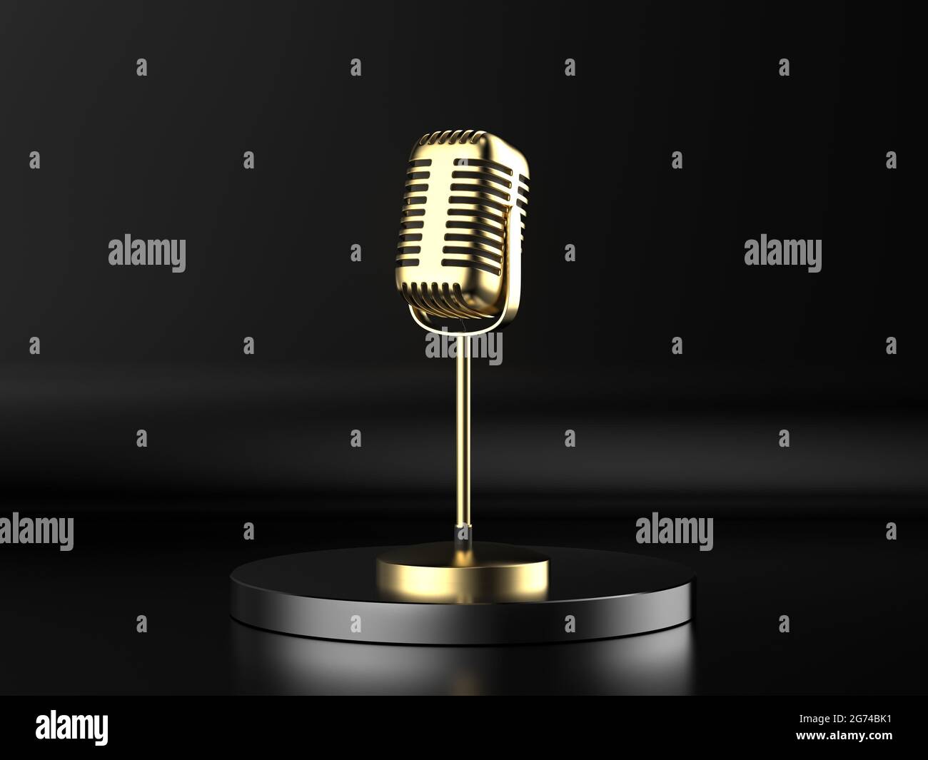3d rendering golden microphone on stage with black background Stock ...