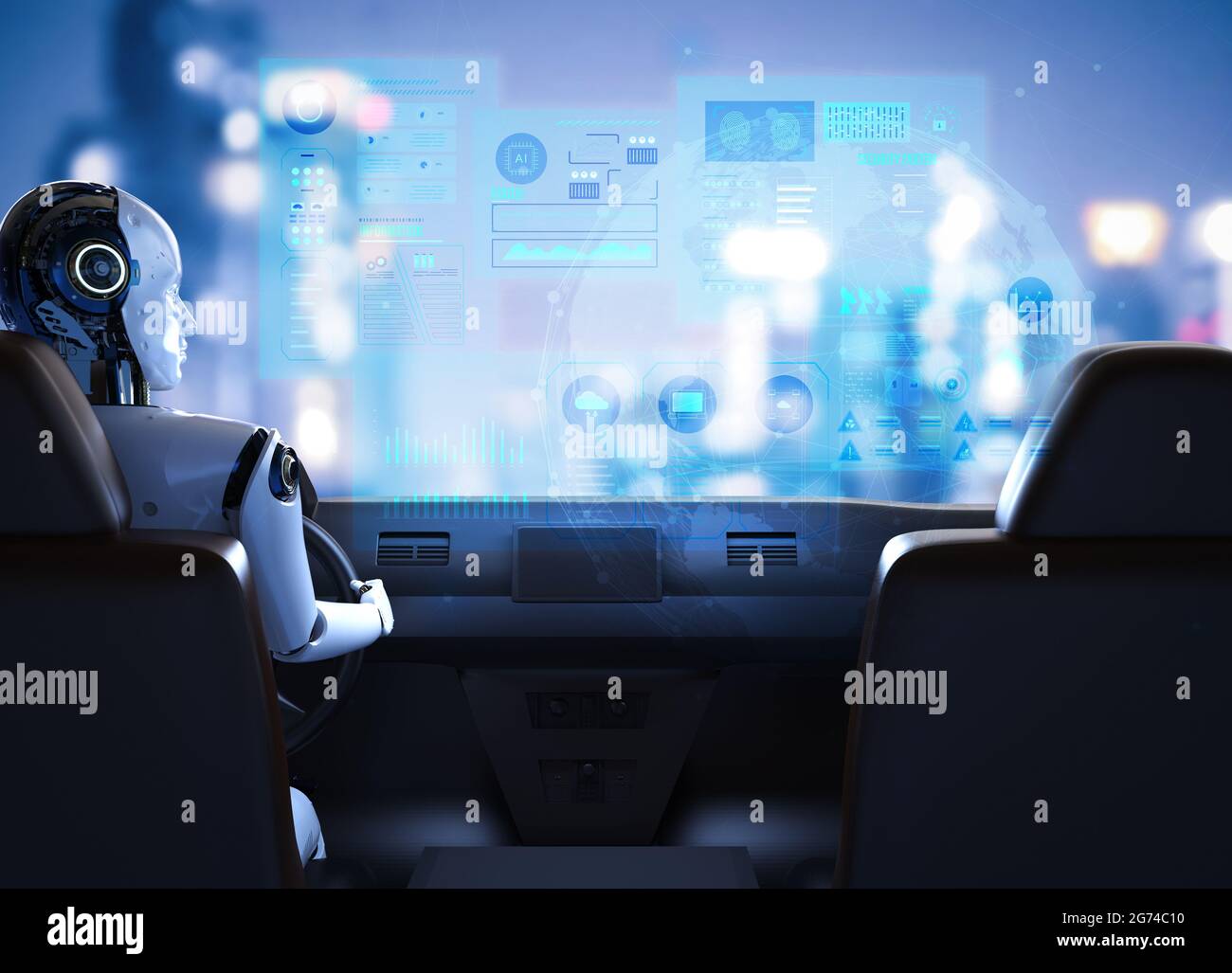 Autonomous car concept with 3d rendering cyborg drive car Stock Photo ...