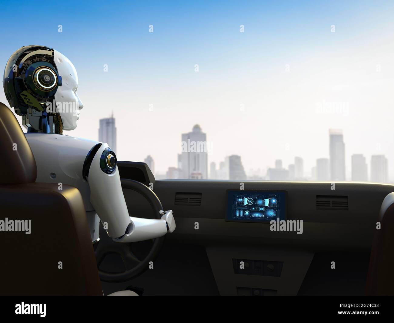 Autonomous car concept with 3d rendering cyborg drive car Stock Photo ...