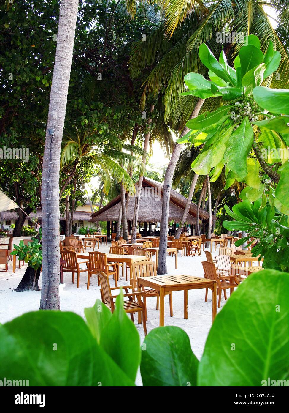 Restaurant on the white sand full of wooden dining tables and chairs ...