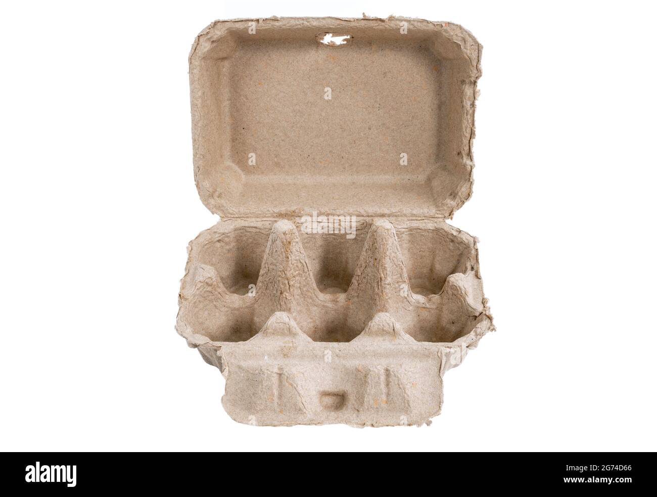 Empty egg carton recycle paper, front view, opened, isolated on white ...