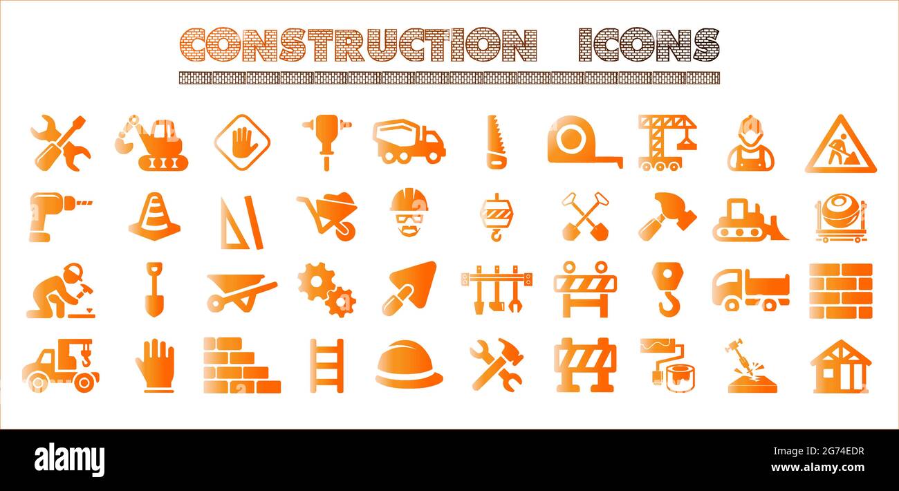 Construction icon set in orange gradient color for apps, website Stock ...