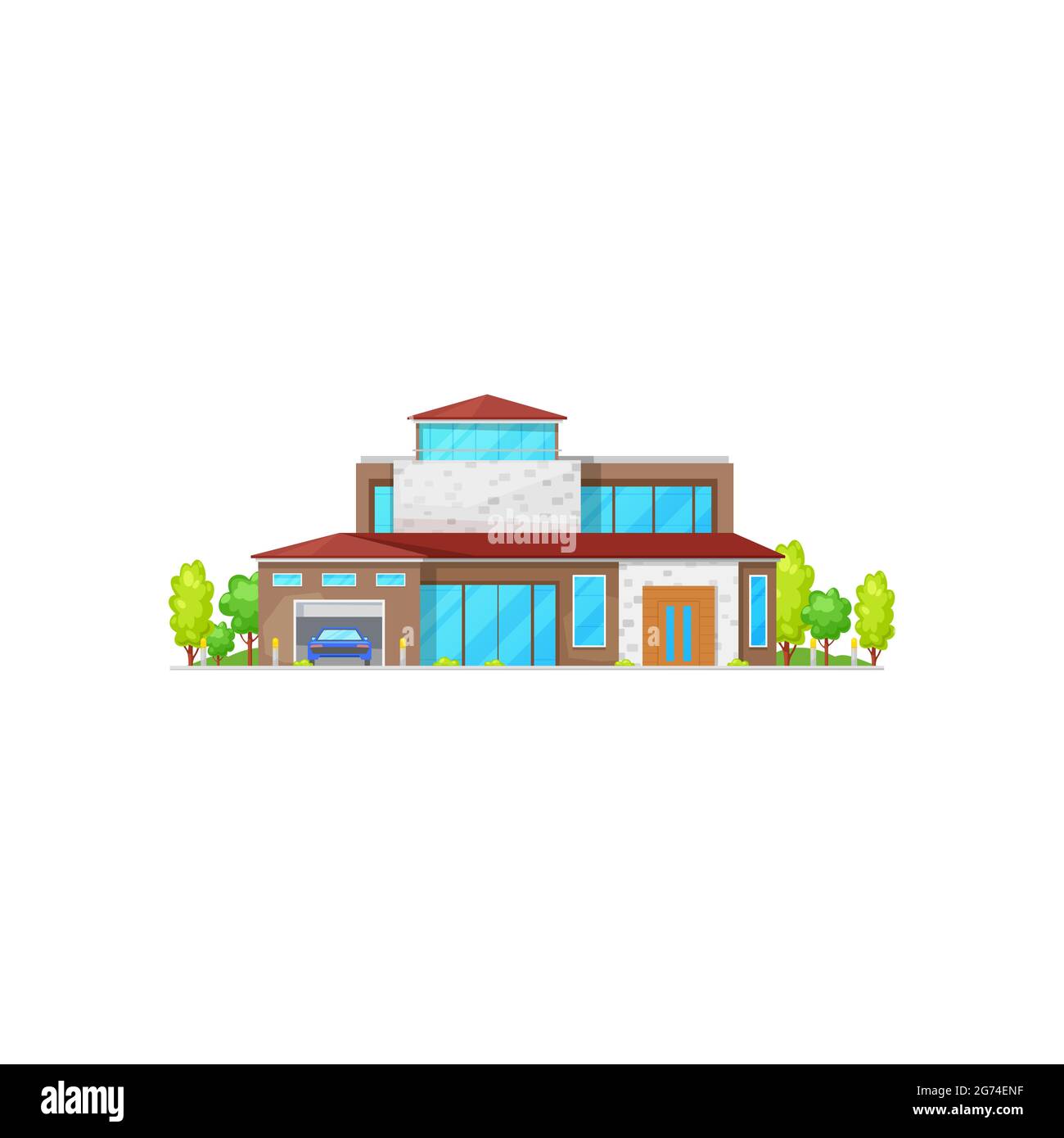 Modern house with car in garage, green trees, american building facade ...