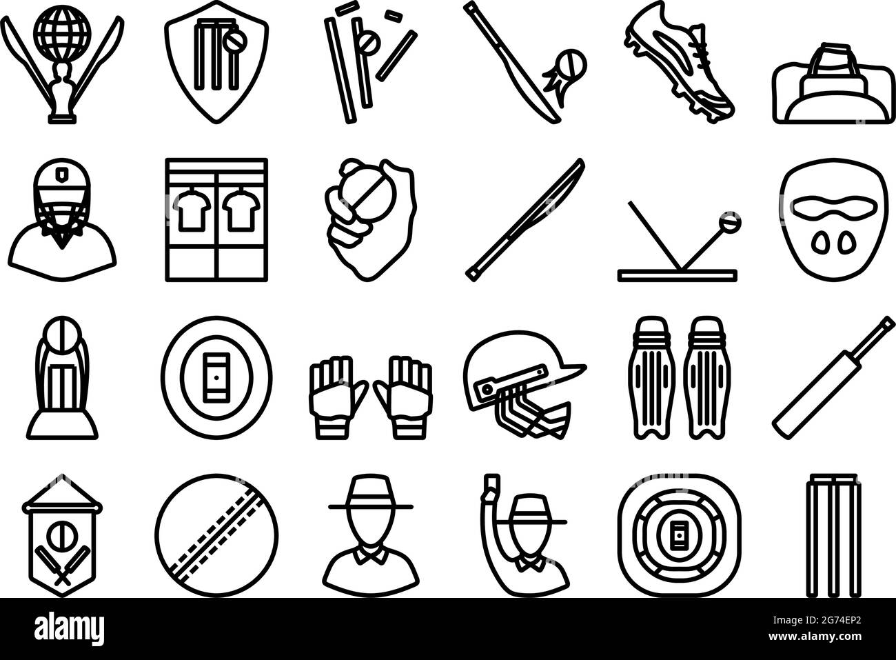Cricket Icon Set. Editable Bold Outline Design. Vector Illustration ...