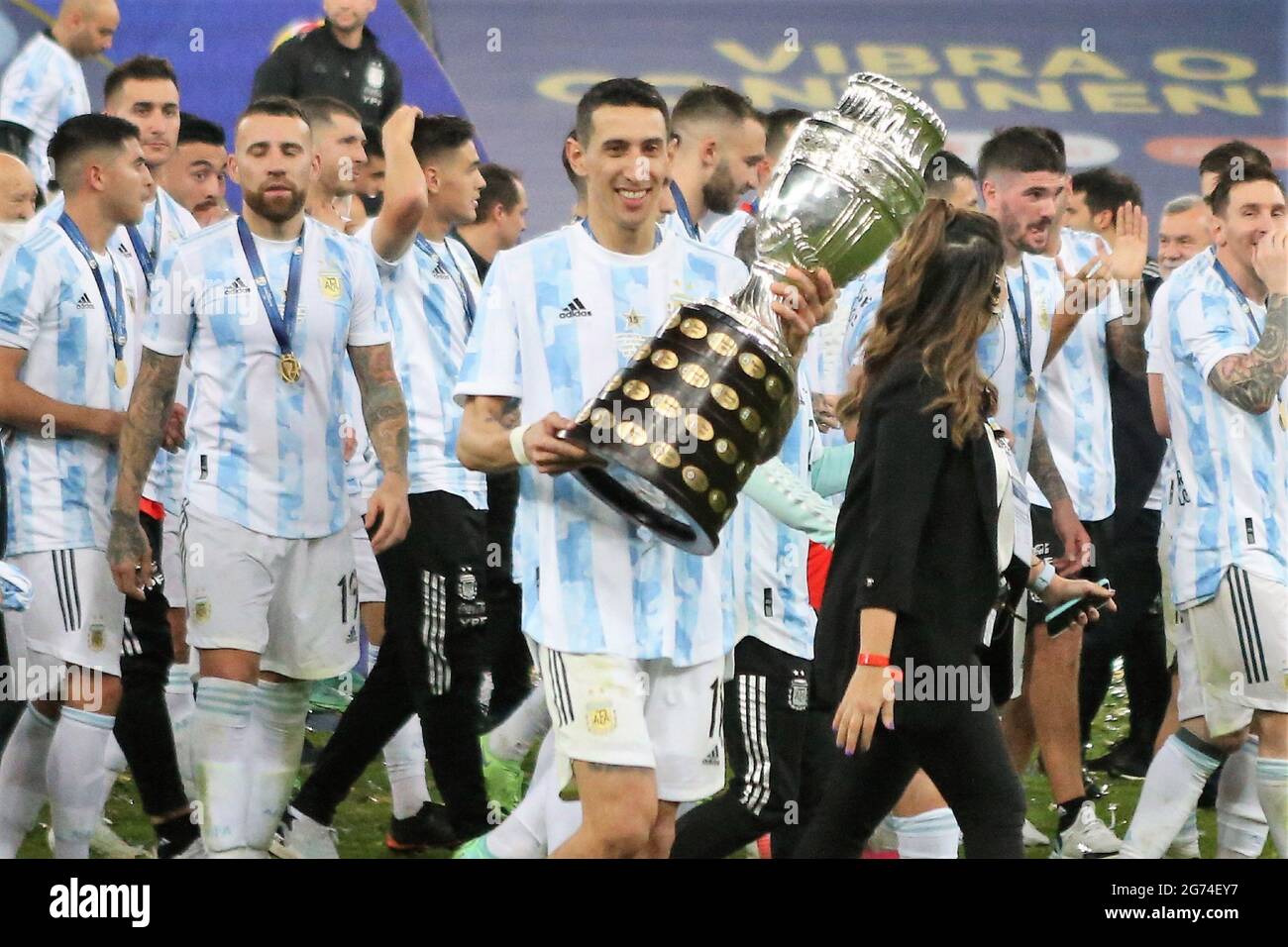 Angel Di Maria of Argentina celebrates with the trophy after winning ...