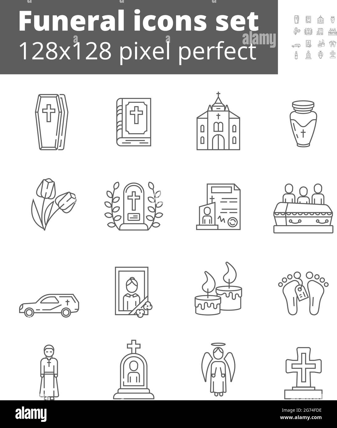 Funeral icon vector set in thin line style. The coffin with the cross ...