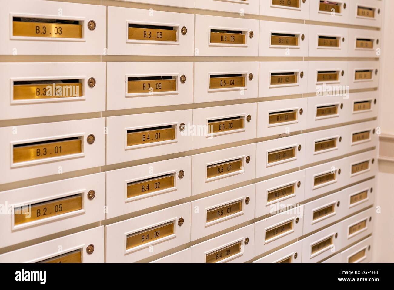 Rows of letter mailboxes in postal room of condominium building Stock ...