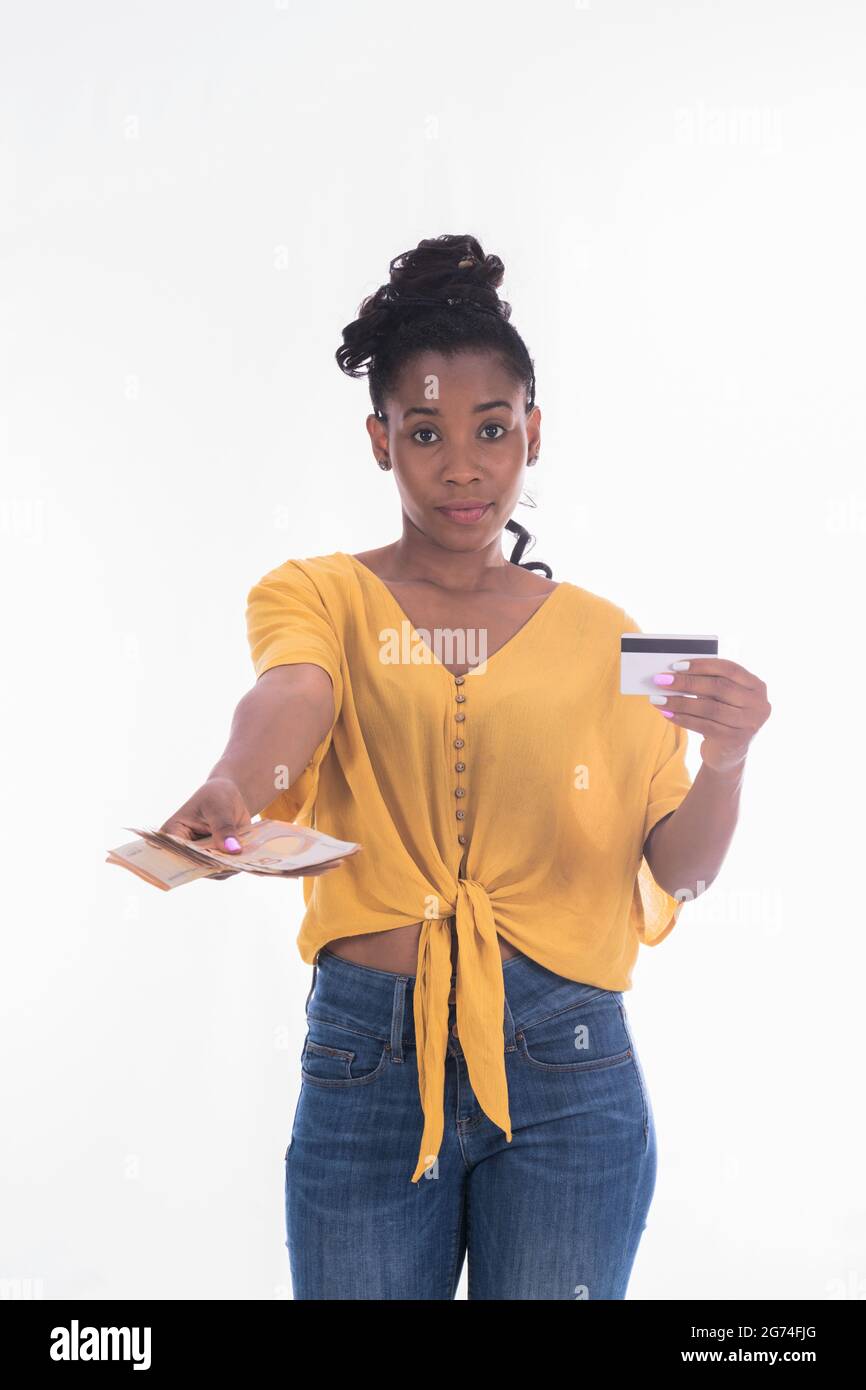 African woman handing money bills at the camera: Selective focus Stock ...