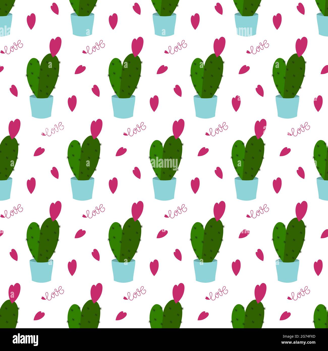 Pattern with green cacti in blue pots. Text and small pink hearts for ...