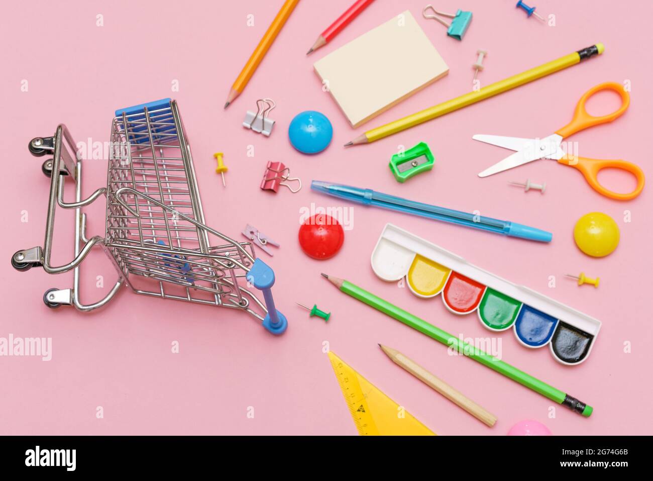 Trolley banner with school supplies on pink background. Back to school ...